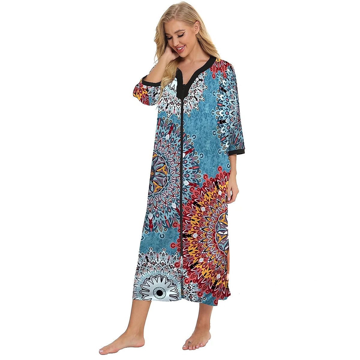 Bloggerlove Womens Robes Lightweight for Hospital Delivery House Coat Maxi House Dress Zip Up Bathrobe Leightweight Nightgown Long Sleepwear House Dress Caftan