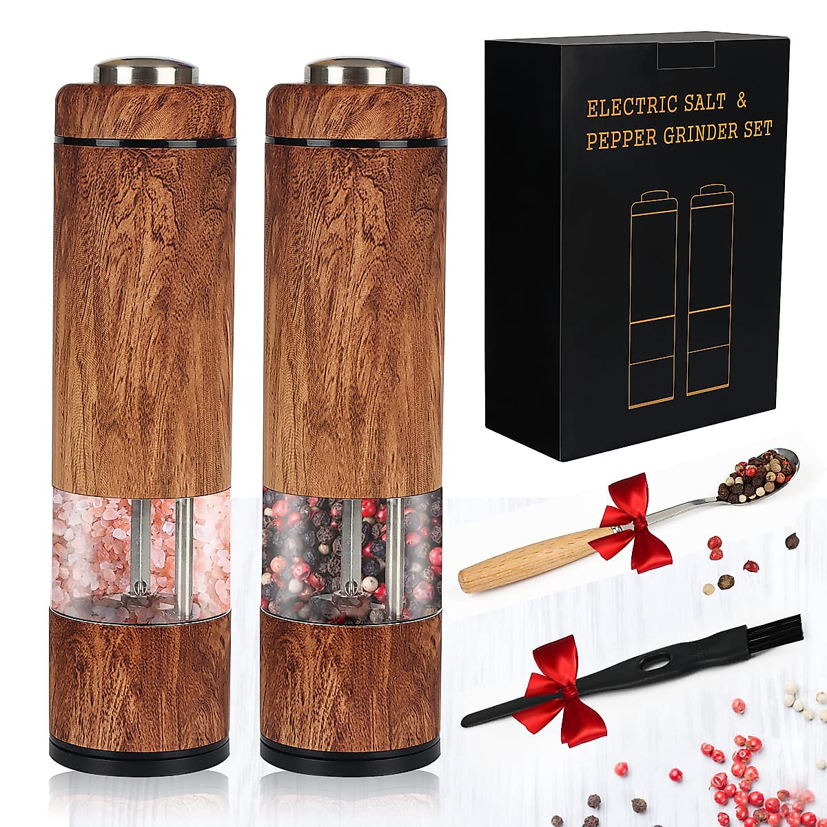 Electric Salt and Pepper Grinder Set, Battery Operated Pepper Mill with LED Light, Adjustable Coarseness, One Hand Operation, Salt and Pepper Shakers Set Electric (Wood Grain)