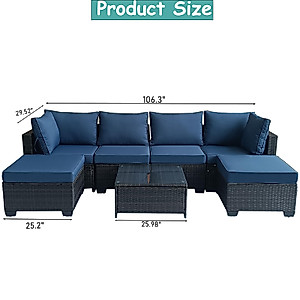 7-Piece Outdoor Furniture Patio Rattan Sectional Set with Wicker Conversation Sofas,Include Cushions, Coffee Table,Easy to Assemble,Perfect for Backyard, Porch, Garden, and Balcony (Brown-Dark Blue)