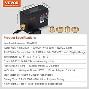 VEVOR WI-FI Smart Water Monitor and Automatic Shutoff Detector, Home Water Leak Detector for 3/4" NPT Diameter Pipe with 2.0-4000 L/H Measure Range, with App Alerts