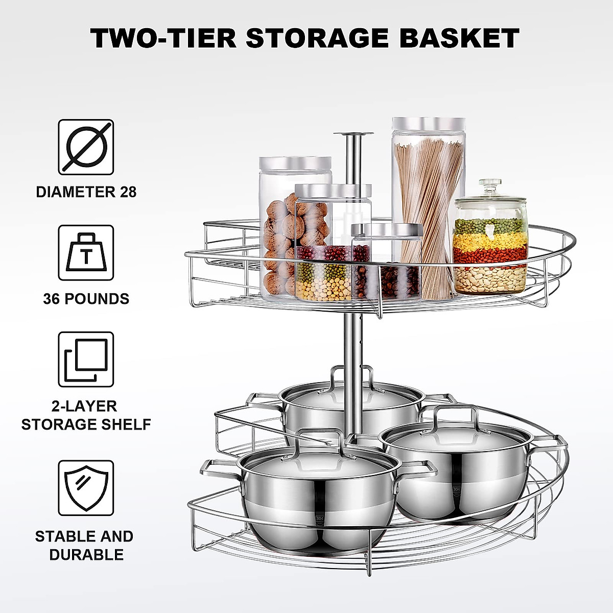LIVOSA 32" Kidney Shaped Organizer Lazy Susan, 2-Shelf Stainless Steel Kitchen Kidney Shaped Organizer/Rotating Bask
