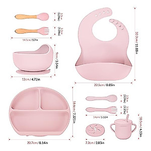 Silicone Baby Feeding Set - REIKTLUD Baby Led Weaning Supplies - Silicone Suction Bowls Divided Plates, Sippy and Snack Cup - Toddler Self Feeding Eating Utensils Set with Bib, Spoons, Fork (Pink)