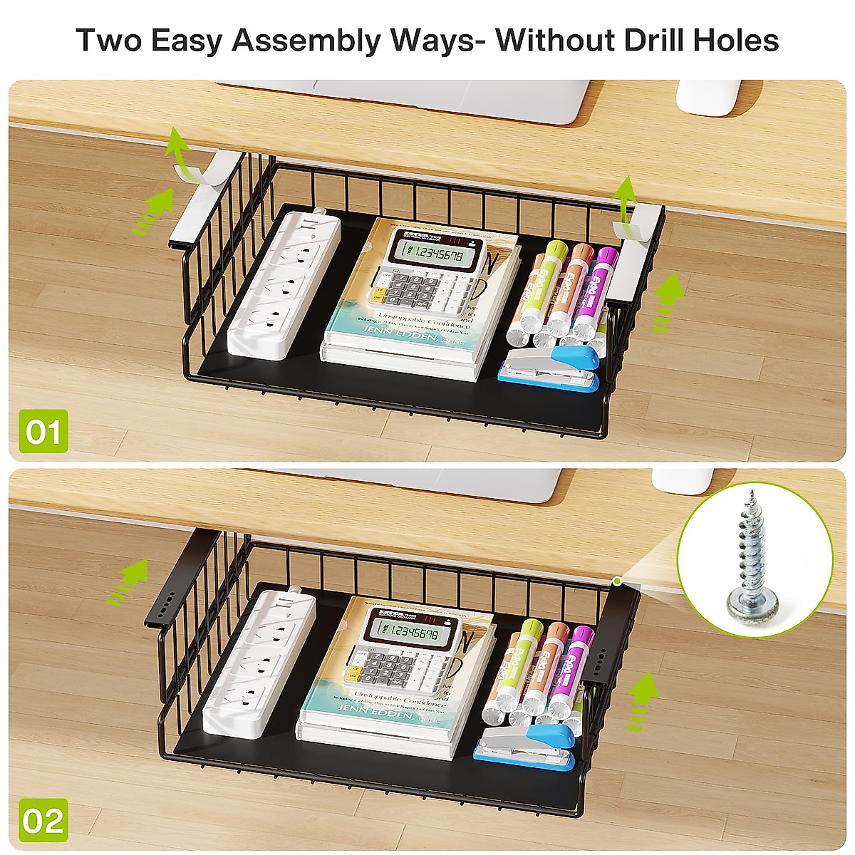 1Easylife Under Desk Storage Mesh Drawer Shelf, Self-Adhesive Pull Out Metal Tray Basket, No Drill Sliding Basket for Cable, Extension Cords, Home, Office, Workspace, Cabinet, Black