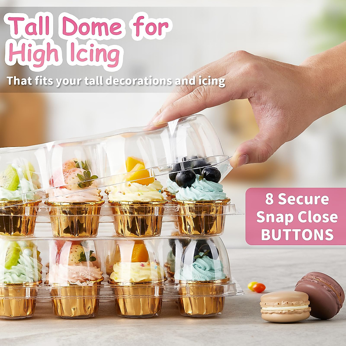 (12 Pack x 30 Sets) Gencywe Mini Cupcake Containers with 375 Pack Cupcake Liners, Plastic Cupcake Holder with High Dome, Stackable Mini Cupcake Boxes Carrier, Clear Disposable Cupcake Trays -MINI SIZE