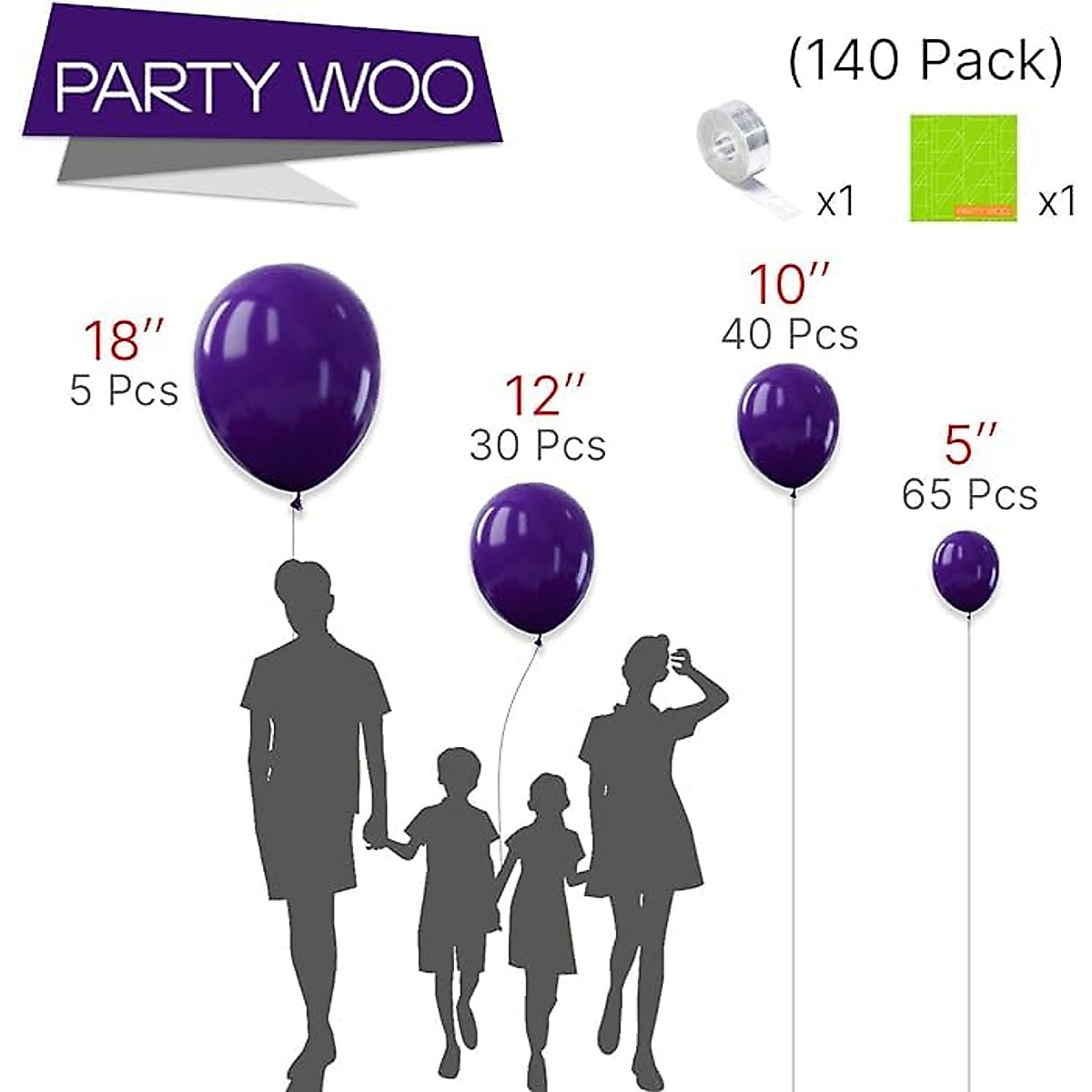PartyWoo Royal Purple Balloons, 140 pcs Dark Purple Balloons Different Sizes Pack of 18 Inch 12 Inch 10 Inch 5 Inch Purple Balloons for Balloon Garland or Balloon Arch as Party Decorations, Purple-Y16