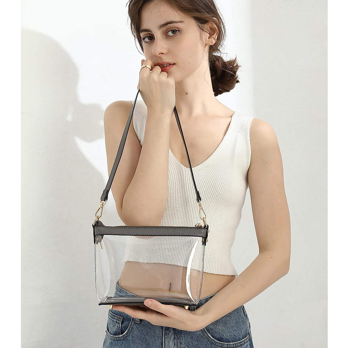 Y&R Direct 3-IN-1 Clear Zipper Crossbody Bag with Vegan Leather Trim Clear Purse for Stadium Festival Concert Gameday Gifts (Grey)