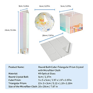 Meking 3Pcs Photography Crystal Prism with Mini Tripod, Camera Lens Optical Crystal Ball Glass, Cube and Pyramid Prism for Rainbow Effect Make Teaching Light Spectrum Physics