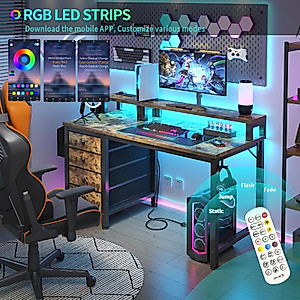 Lufeiya Computer Desk with Fabric Drawers, 47 inch Home Office Desk with Monitor Stand, Gaming Desk with LED Lights and Power Outlets, Rustic Brown