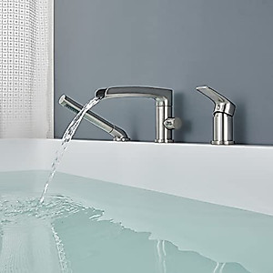 Wowkk Waterfall Roman Tub Faucet Brushed Nickel Deck Mount Bathtub Faucets Brass Tub Filler Bathroom Faucets with Hand Shower