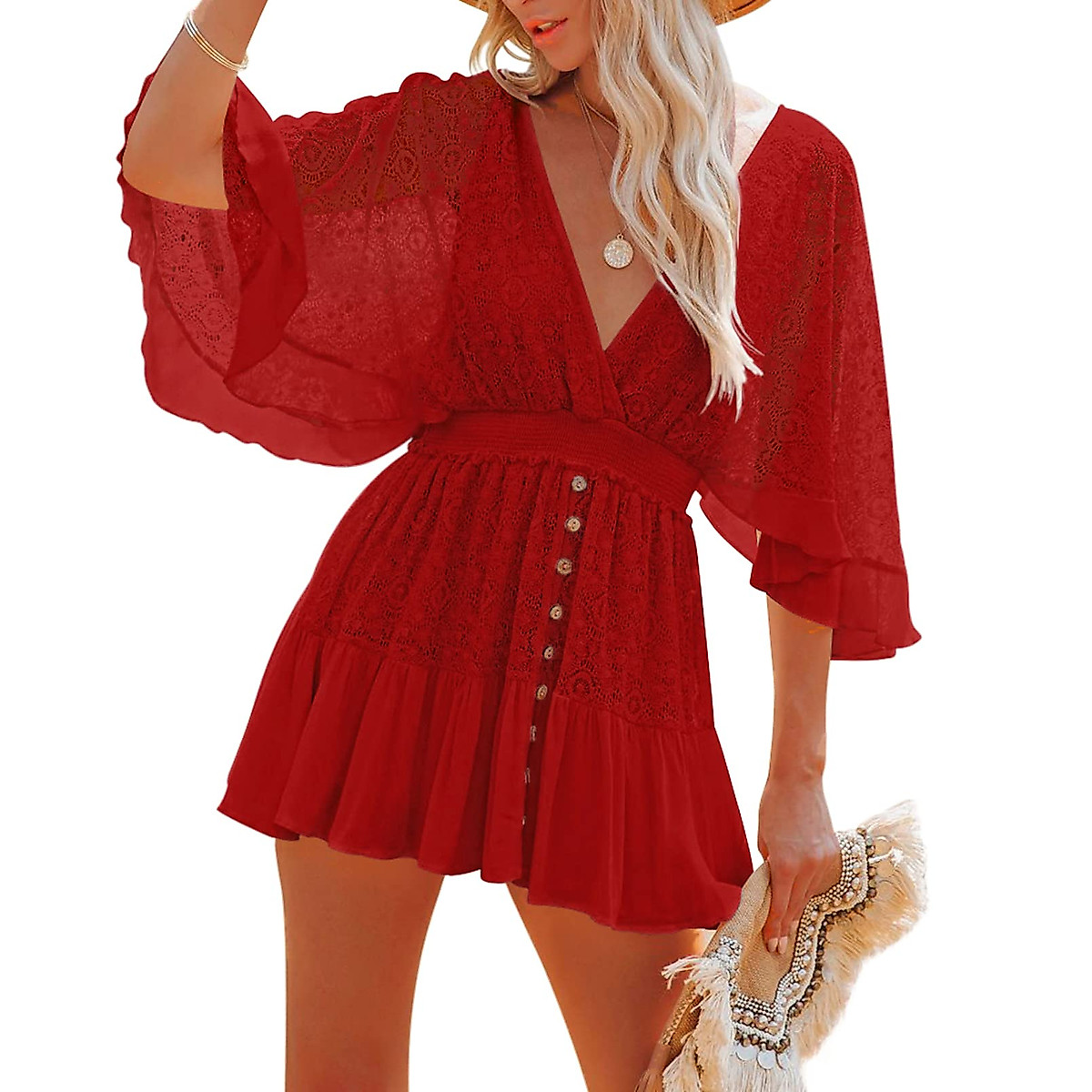 Fixmatti Womens Summer V-Neck Batwing Sleeve Backless Lace Mini Swing Skater Dress Red M