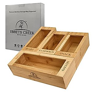 Bamboo Ziplock Baggies Organizer for Drawer - Food Ziplock Bag Storage Organizer - 4 Piece Bamboo Plastic Bag Ziplock Organizer for Drawer - Storage for Gallon, Quart, Sandwich & Snack Bags - LARGER Size Quart Container - Kitchen Ziplock Bag Organizer