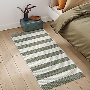 Sungea Boho Striped Front Door Mat Outside Entrance 2x4.3,Green and White Washable Porch Rug Runner,Cotton Hand Woven Indoor Outdoor Rugs,Foldable Farmhouse Layered Door Mats for Entryway