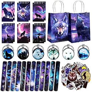 Abbylike 48 Pcs Wolf Party Favors Wolf Party Decor Wolf Birthday Party Supply Wolf Paper Bag Gift Wolf Mini Notebook Wolf Keychain Wolf Slap Bracelet Wolf Sticker for Wolf Party Baby Shower Holiday