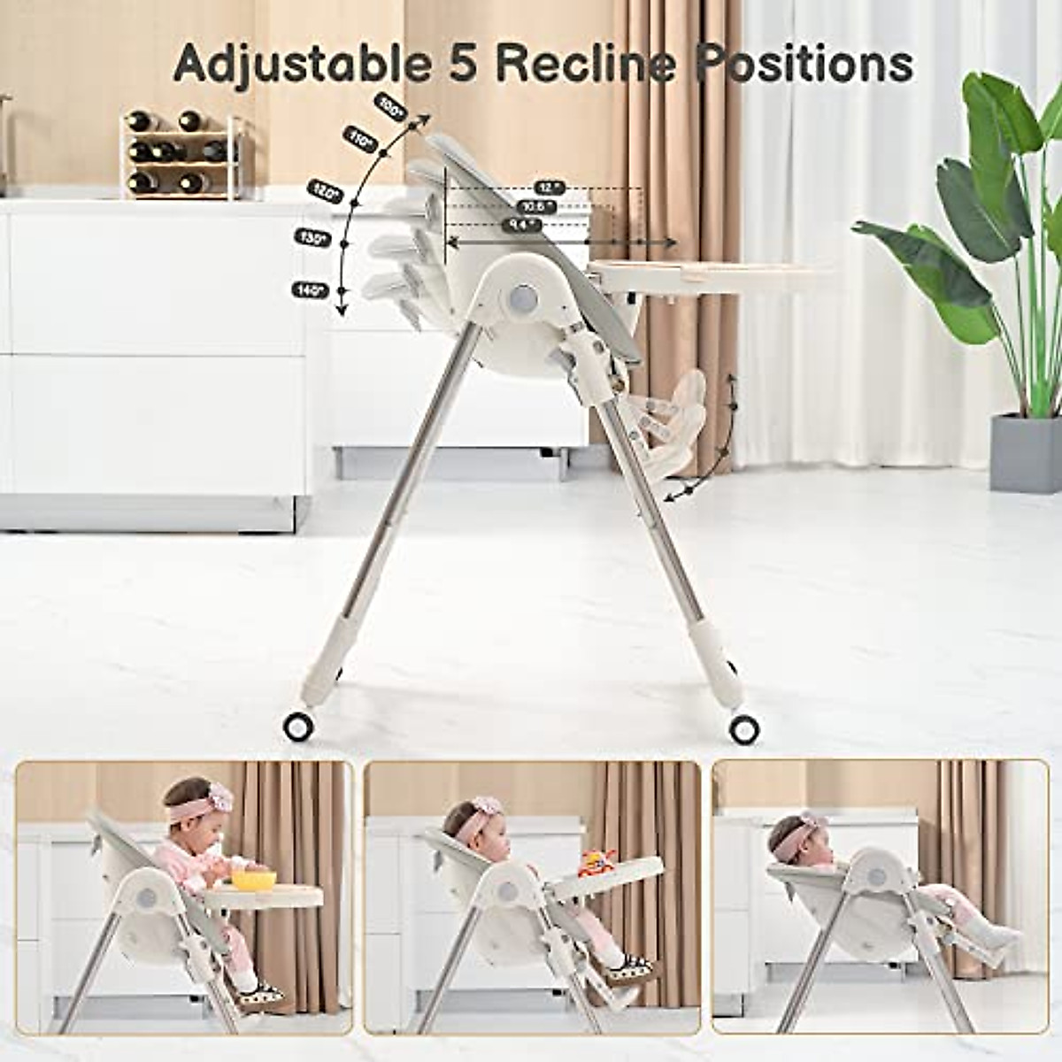 Ezebaby Baby High Chair, Portable High Chair with Adjustable Heigh and Recline, Foldable High Chair for Babies and Toddler with 4 Wheels, High Chair for Toddlers with Removable Tray-(Grey)