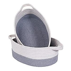 ZFRXZ 2-Pack Small Woven Basket | Cute Gray Rope Basket | Oval Basket | Shelf Storage Basket | Chest Box| Empty Gift Baskets with Handles, 14"x 9.8" x 5" Cube Bins Organizer(White-Gray)