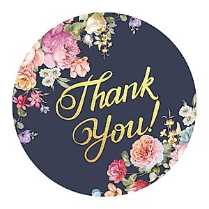 Fedyufook Round Elegant Floral Thank You Party Favor Stickers - 2 Inches - 50 Labels, Black and Gold