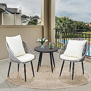 BETTAHOME 3 Piece Bistro Set, Patio Furniture Set with Cushion and Pillow, Outdoor Balcony Woven Chairs and Table, Grey and Black