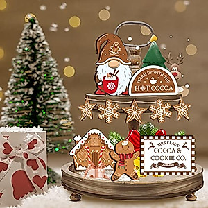10 Pieces Christmas Tiered Tray Decor-Winter Holiday Gingerbread Themed Decor with Hot Cocoa Bar and Cute Gnomes Wooden Signs for Farmhouse Rustic Centerpiece Home Room Table Fireplace Shelf