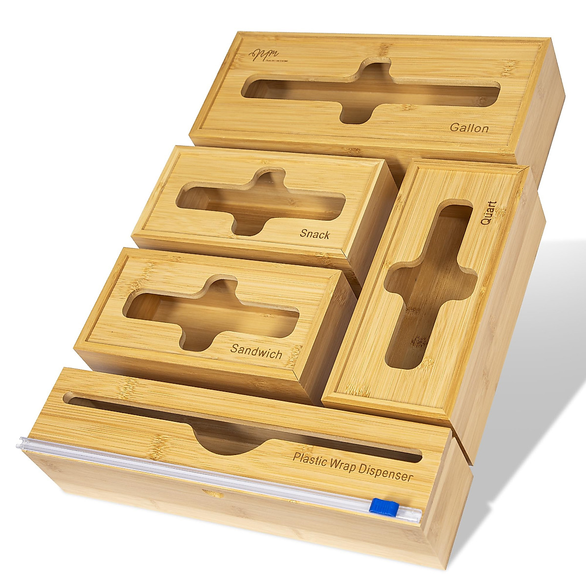 Bamboo Food Bag Storage Organizer for Kitchen Drawer, Plastic Bag Organizer with Individual Boxes and Plastic Wrap Cutter - for Sandwich, Slider, Quart, Slider Quart, Gallon, Plastic Wrap, Foil