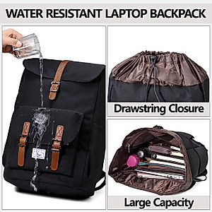 Kasqo Backpack for Men and Women, 15.6 Inch Laptop School Backpack Large Capacity Water Resistant Drawstring Flap School Bag College Student Bookbag, Black