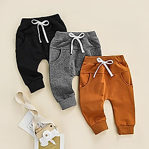 WALLARENEAR Baby Boys Girls Pants Plain Baby Joggers Elastic Waist Casual Trousers Toddler Sweatpants with Pockets (Brown, 0-6 Months)