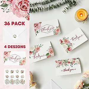 Artoid Mode 36 Pack Rose Floral Thank You Cards Wedding Greeting Cards Gift With Envelope Sticker Blank Note Cards for Birthday Wedding Baby Shower Bridal Shower, 4 x 6 Inch