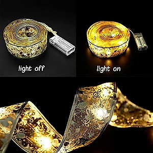 GIHOO Christmas Tree Decorations String Lights 32ft 100 LED Lights Copper Wire Ribbon Bows Lights for Party Weddings Holiday Christmas Tree Decorations (Gold Warm Light Battery Powered)