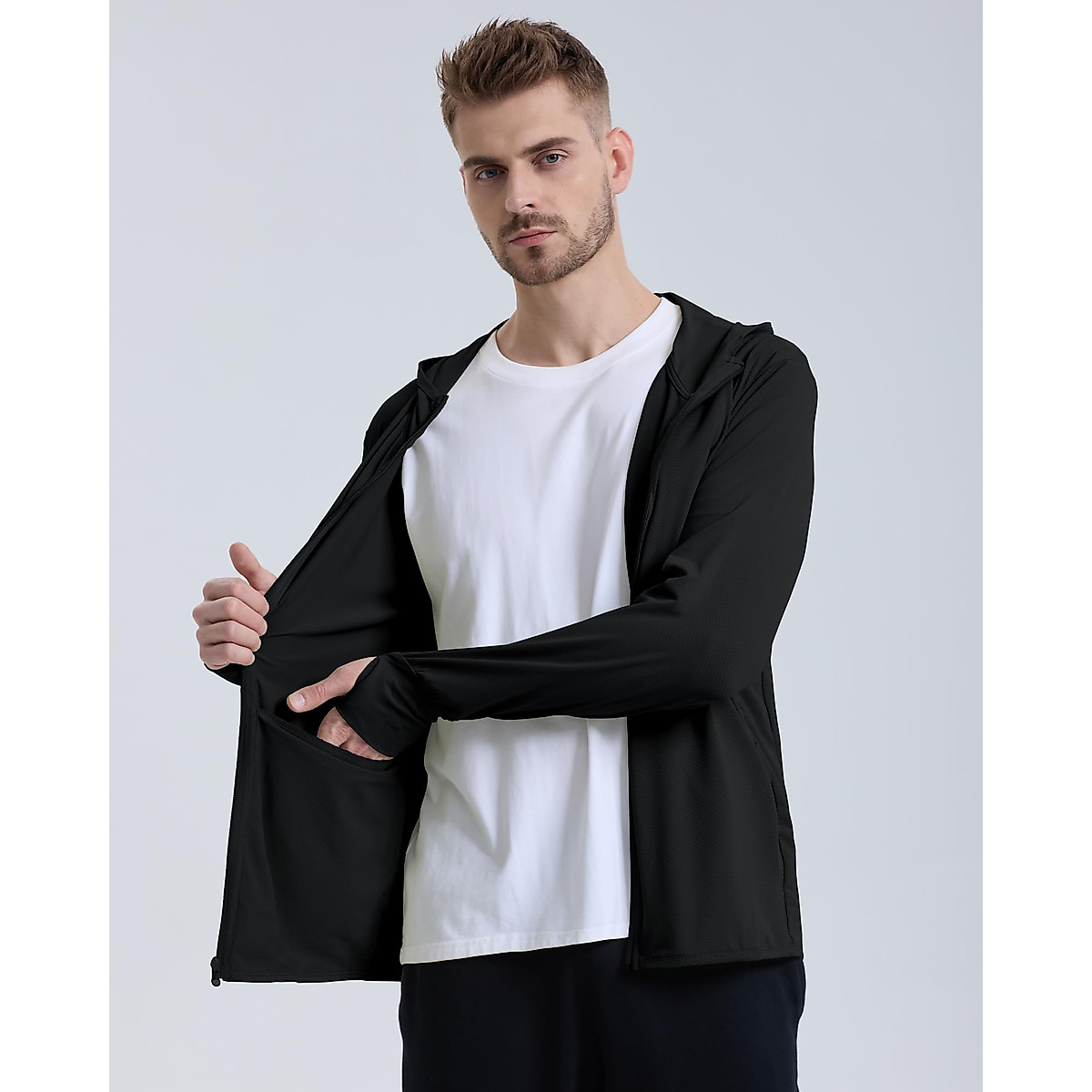 Locachy Men's UPF 50+ Sun Protection Outdoor Lightweight Full Zip Hoodie Jacket Long Sleeve Fishing Hiking Performance Shirt Black XXL