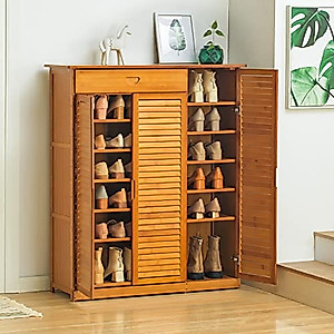 MoNiBloom Bamboo Multi-Tier Shoe Storage Cabinet with 1 Drawer & Shutter Door Shoes Organizer Rack for 21-25 Pairs Entryway Hallway, Brown