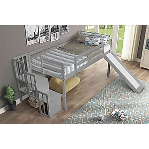 MOEO Twin Size Loft Bed with Slide and Stairs, Wood Bedframe Bedroom Guest Room Furniture,Safety Rail & Storage Shelves for Kids Teens Girls Boys, No Box Spring Needed, Gray