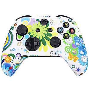 YoRHa Printing Rubber Silicone Cover Skin Case for Xbox One S/X Controller x 1(Circle) with PRO Thumb Grips x 8