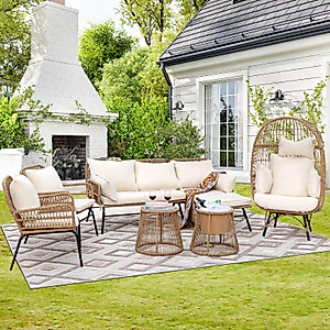 NICESOUL® 7 Pcs Boho Outdoor Patio Furniture Sofa Set with Egg Chair, L-Shaped Lounge Chair with Beige Cushions, Wicker Conversation Set with Ice Bucket for Garden Balcony Deck Bohemian Cream Color