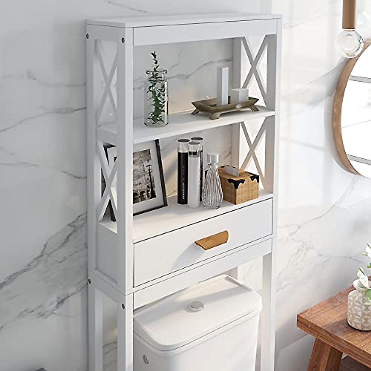 Otryad White Over-The-Toilet Storage, Wooden Above Toilet Storage Cabinet with Drawer and Open Shelves, Bathroom Cabinet Organizer Standing Rack - 23.62" L x 7.87" W x 64.76" H
