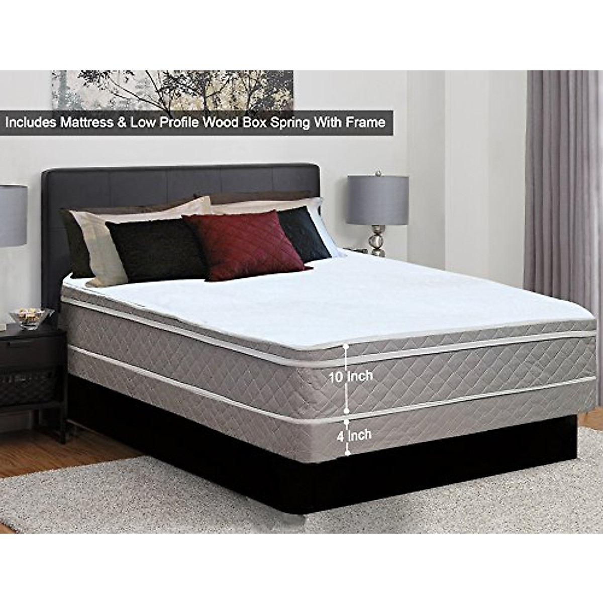 Mattress Comfort Medium Plush Eurotop Pillowtop Innerspring Mattress and 4" Low Profile Wood Boxspring/Foundation Set, with Frame, Twin, Size