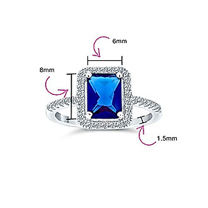 Bling Jewelry 3CT AAA CZ Pave Band Rectangle Solitaire Halo Blue Simulated Sapphire Emerald Cut Engagement Ring For Women .925 Sterling Silver