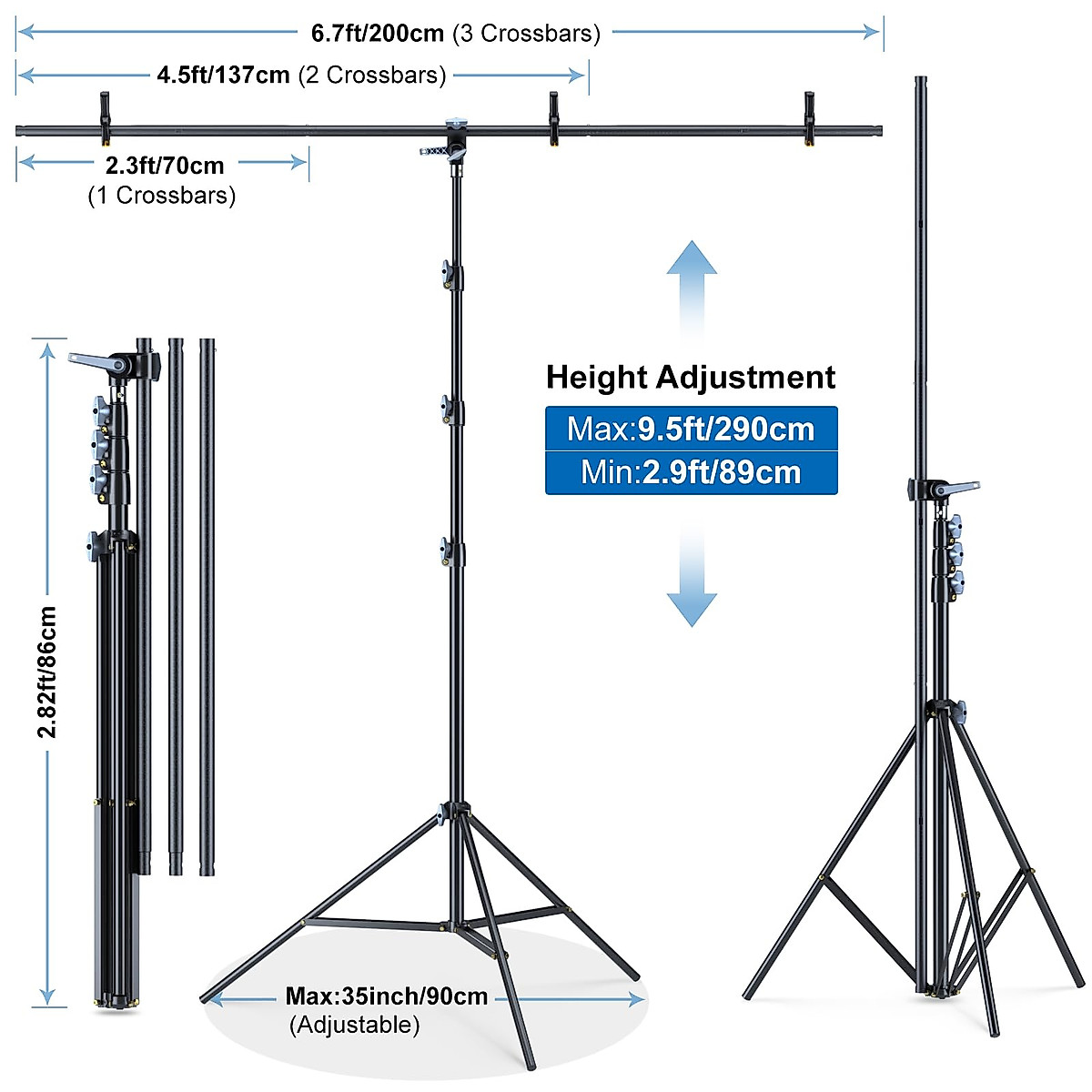 LINCO Lincostore T-Shape Portable Background Backdrop Support Stand Kit 6.7ft Wide 9.5ft Tall Adjustable Photo Backdrop Stand with 3 Clamps