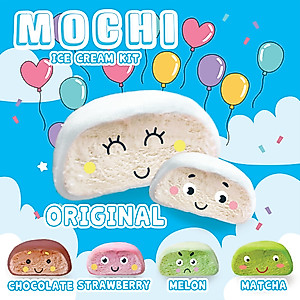 Mochi Ice Cream Kit DIY food kit Mochi maker (Makes 4 flavors: Chocolate, Matcha, Strawberry, Melon) Includes Japanese Mochi flour & tools. Gifts for foodies daifuku Japanese desert snack foods. Makes 32 Mochis