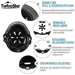 TurboSke Skateboard Helmet, BMX Helmet, Multi-Sport Helmet, Bike Helmet for Kids, Youth, Men, Women (Black, L/XL (22.8"-24"))
