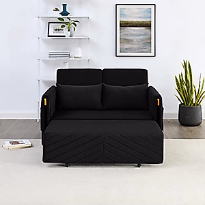 HomSof Modern Convertible Detachable Arm Pockets Velvet Loveseat Sofa with Pull Out Bed, 2 Pillows and Living Room Adjustable Backrest, Grid Design Armrests, Style D, Black