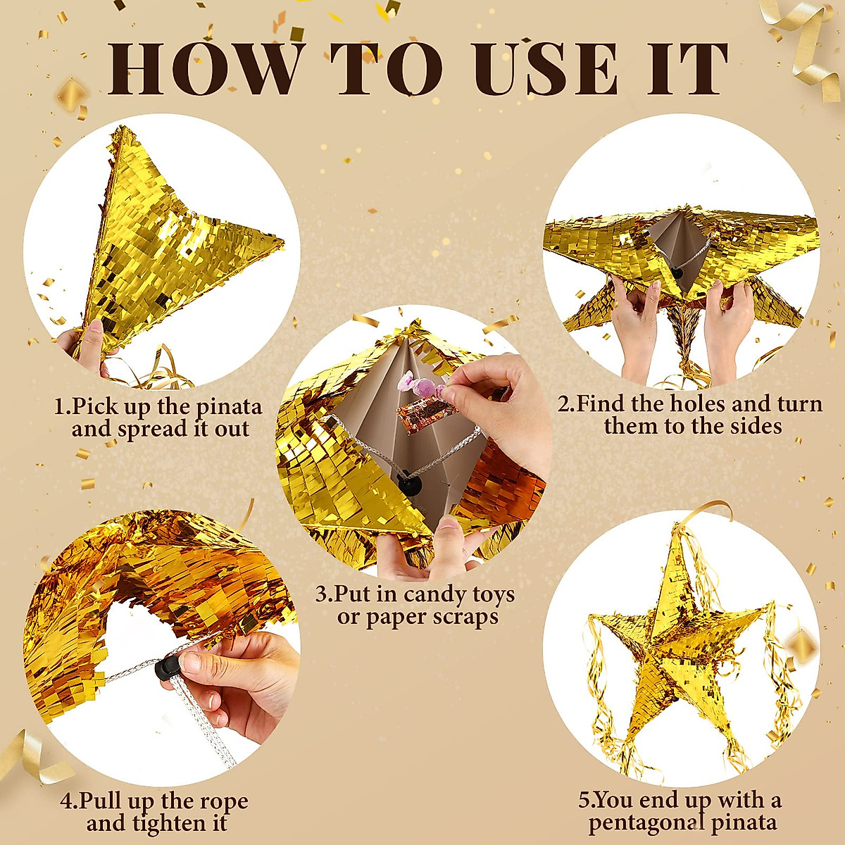 Foil Star Piñata with Blindfold and Bat for Kids Birthday Foldable Star Shape Piñata with Piñata Stick Gold Festive Star Piñata Foil Star Fiesta Party Supplies Favors for Mexican Baby Shower Party