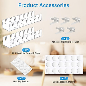 Lokuc Hat Stand for Baseball Caps Set, Contains 2 Hat Organizer, 5 Hat Rack for Wall, Holds 19 Caps, Acrylic Hat Organizer for Baseball Caps Display Suitable for Wardrobe, Dressing Table