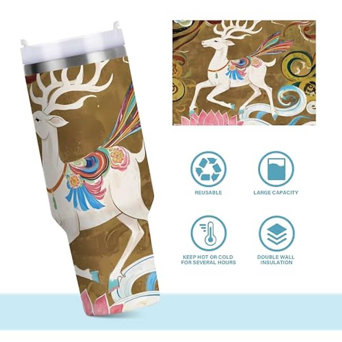 Cold Cup Oriental Deer Floral Clouds XL Insulated Tumbler with Handle Lid Straw 30-40 oz Reusable Cupholder Friendly Water Bottle