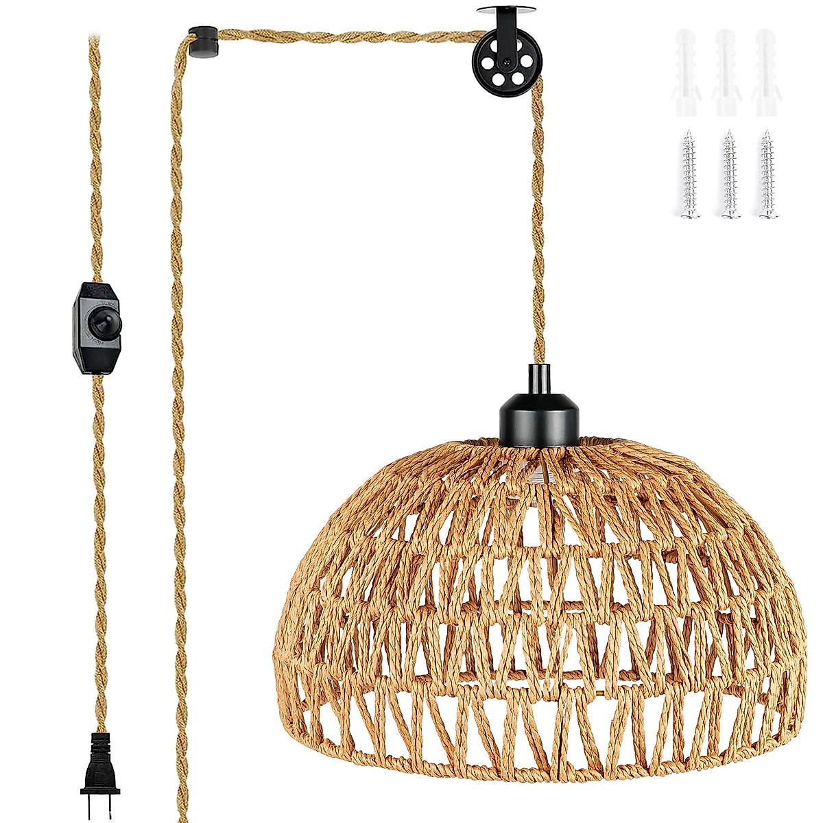 Rattan Plug in Pendant Light, Boho Hanging Lights with Plug in Cord 15ft, Handwoven Hemp Rope Chandelier Light Fixtures with Dimmer Switch for Bedroom Living Dinning Room Kitchen