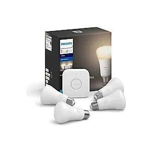 Philips Hue 4-Pack Soft White A19 E26 Dimmable Only Smart Bulb Starter Kit with Hub (Voice Compatible with Amazon Alexa, Apple Homekit and Google Home)