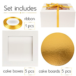 BELMAKS 10 Inch Cake Box Set – Disposable Cake Containers with Lids and Gold Ribbon Bakery Boxes with Window Tall Cake Boxes 10 Inch and 10 Inch Cake Drum Paper Box for Cake with Ribbon and Cake Board