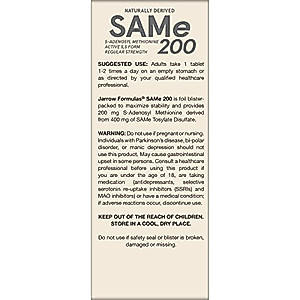 Jarrow Formulas Same 200 mg - 60 Tablets - Highest Concentration of Active S,S Form - Supports Joint Health, Liver Function, Brain Metabolism & Antioxidant Defense - 60 Servings