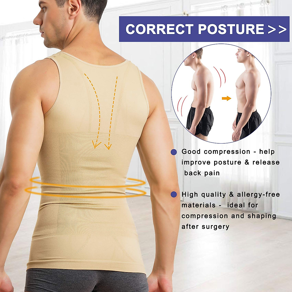 MOLUTAN Mens Compression Shirt Slimming Body Shaper Vest Sleeveless Waist Trainer Workout Tank Top Tummy Control Shapewear (Beige, Medium-Large)
