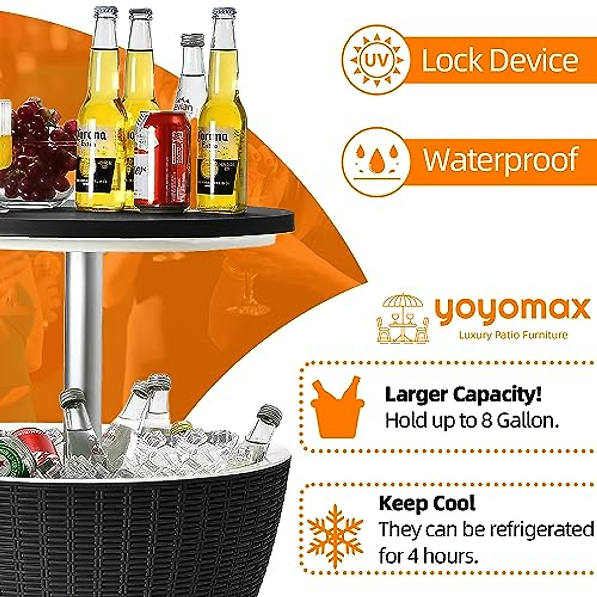 yoyomax Outdoor Cool Bar Table, 8 Gallon Beer and Wine Cooler Table, Patio Furniture & Hot Tub Side Table, Beverage Cooler, Rattan Style Patio, Cocktail Bar for Patio Pool Party-Black