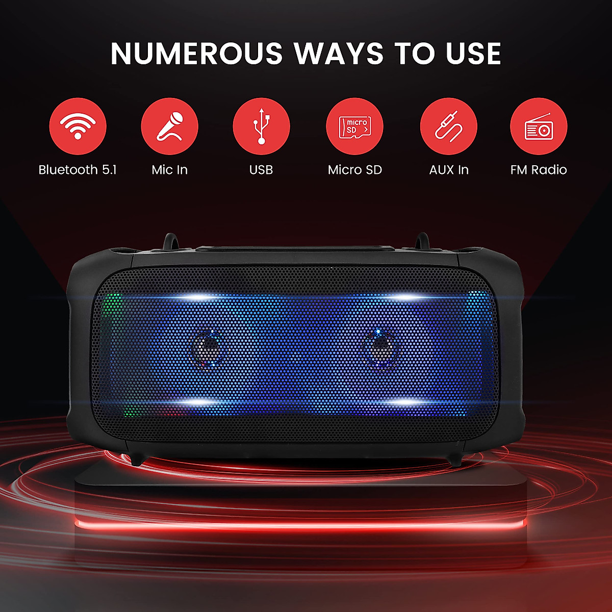 Pyle Wireless Portable Bluetooth Boombox Speaker - 120W Rechargeable Boom Box Speaker Portable Barrel Loud Stereo System - Flashing LED, FM Radio/Aux/MP3/USB Flash Drive/Micro SD, & 1/4" PPHP42B,Black