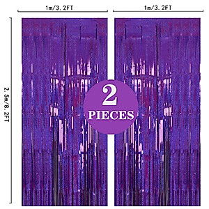 2 Pack 3.2ft x 8.2ft Purple Metallic Tinsel Foil Fringe Curtains, Large Photo Booth Backdrop Streamer Curtain for Party Door Wall Curtains Wedding Bachelorette Birthday Christmas New Year Decorations